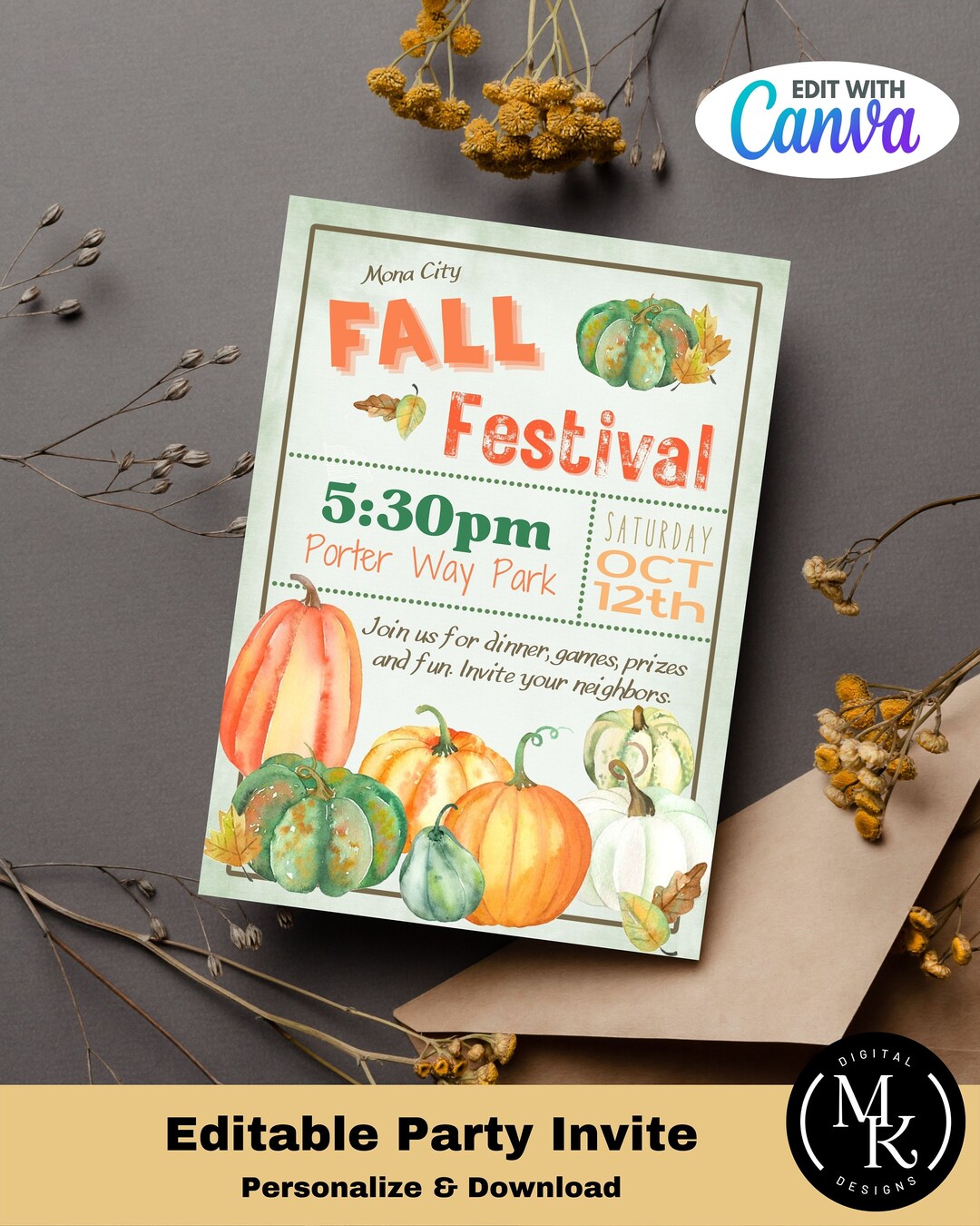 Editable Fall Festival Invitation, Canva Template, Edit and Download ...