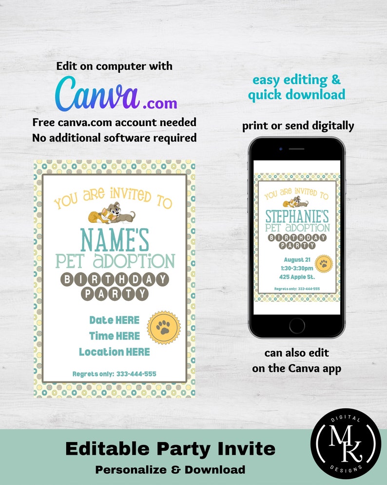 Editable Pet Adoption Party Invitation Canva Template Edit - Etsy