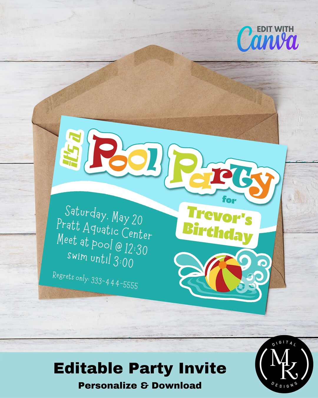 Editable Pool Party Invitation, Canva Template, Edit and Download ...