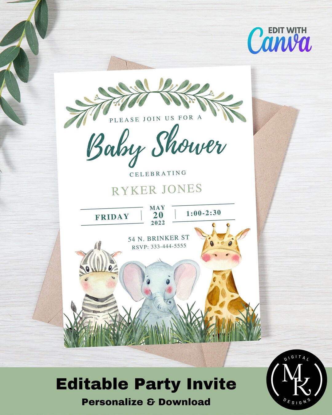 Editable Animal Baby Shower Invitation, Canva Template, Edit and ...