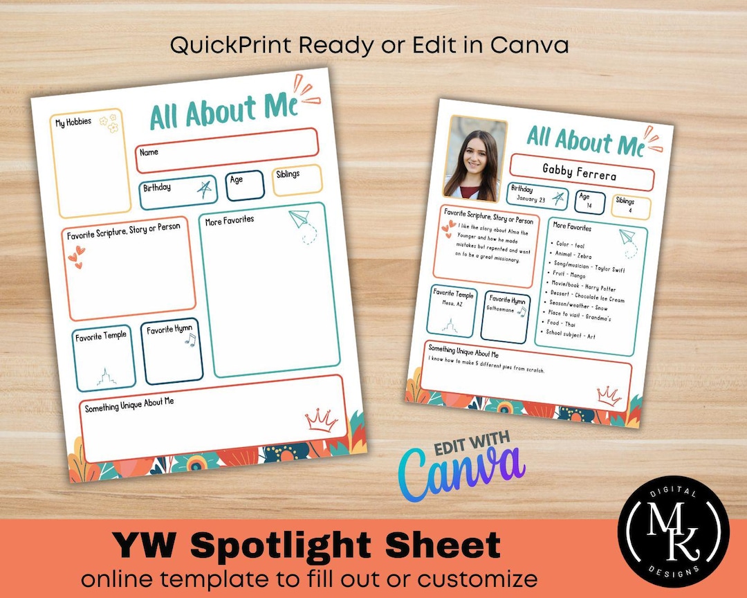 Young Women Spotlight Form, All About Me Sheet, Editable, Quickprint ...