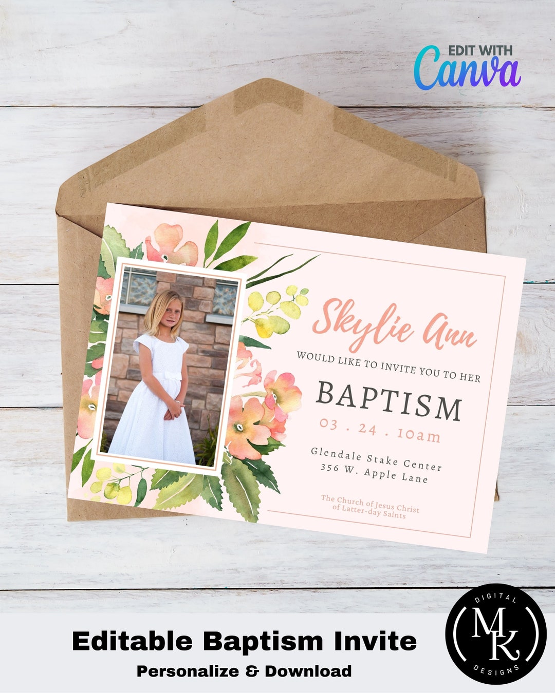 Editable Baptism Invitation, LDS Canva Template 107, Edit and Download ...
