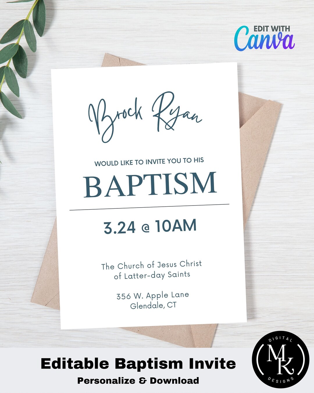 Editable Baptism Invitation, LDS Canva Template 019, Edit and Download ...