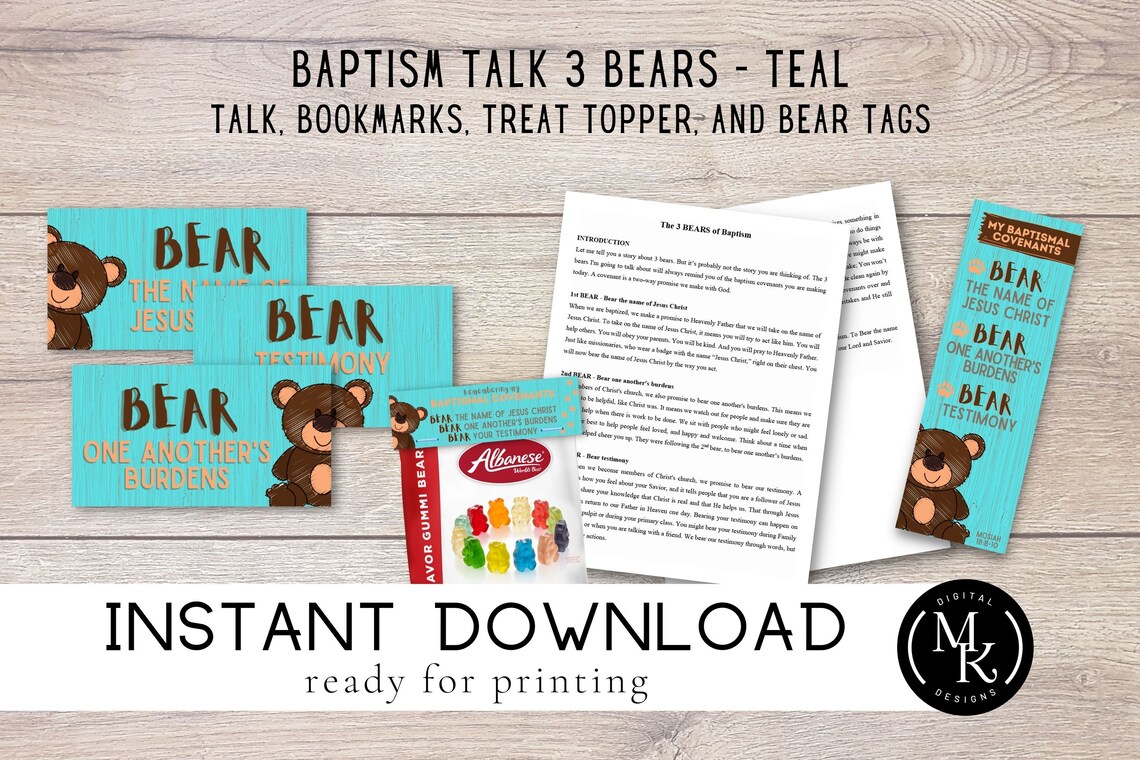 Baptism 3 Bears LDS Baptism Talk & Printables Teal - Etsy