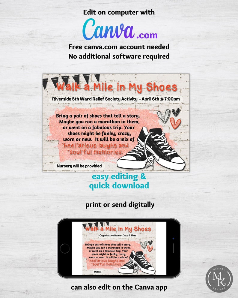Editable Walk a Mile in My Shoes Activity Invitation, LDS Relief ...