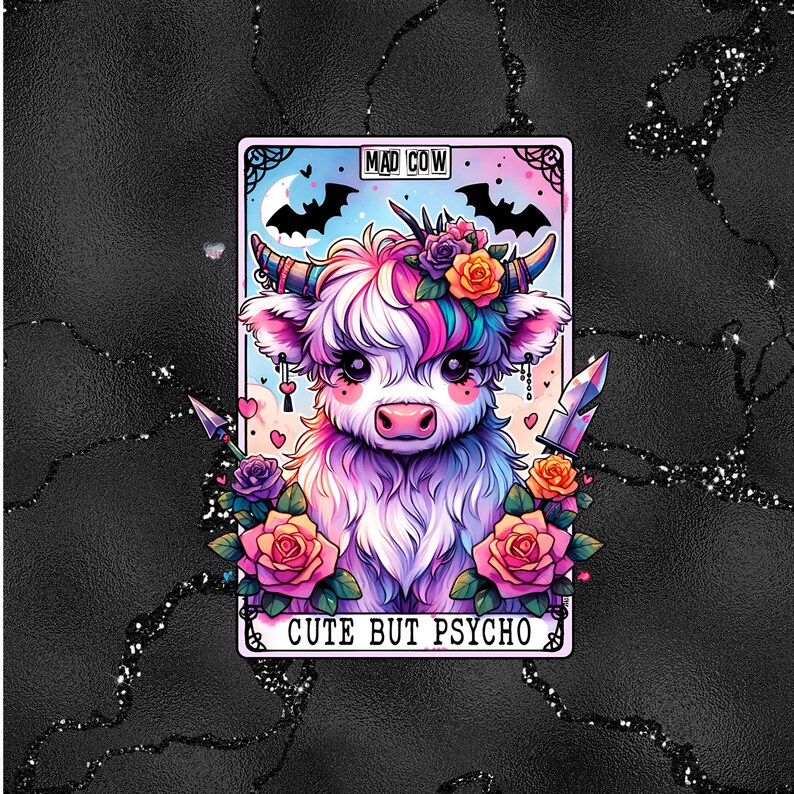 Pastel Goth Baby Highland Cow Tarot Card Png Cute but Psycho Halloween ...