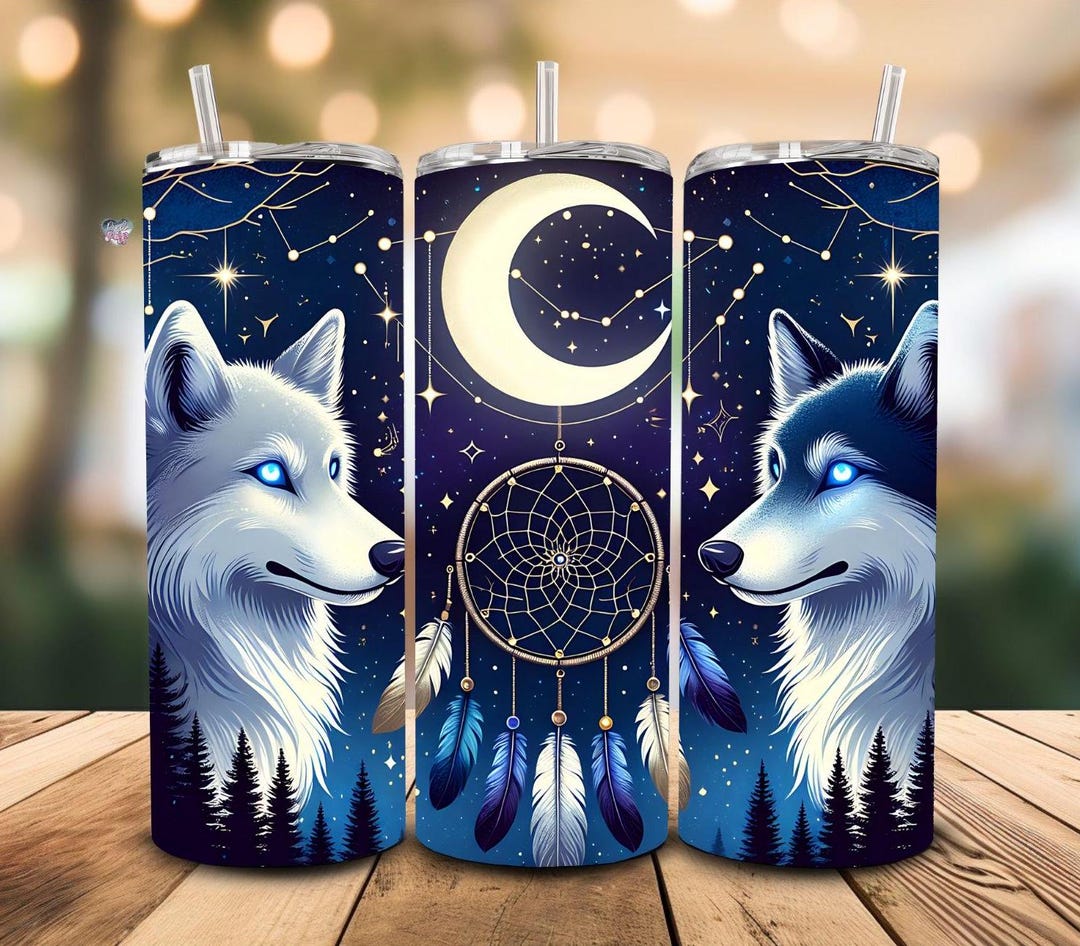 Midnight Wolves Tumbler Wrap PNG Dreamcatcher & Gold Crescent Moon Wolf ...