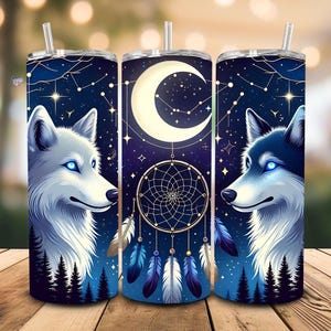 Midnight Wolves Tumbler Wrap PNG Dreamcatcher & Gold Crescent Moon Wolf ...