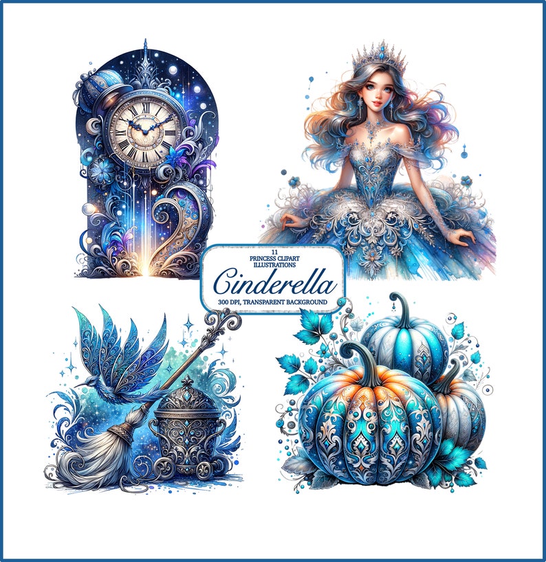 Cinderella Fairytale Clipart Bundle Png Blue Princess Party Printable ...