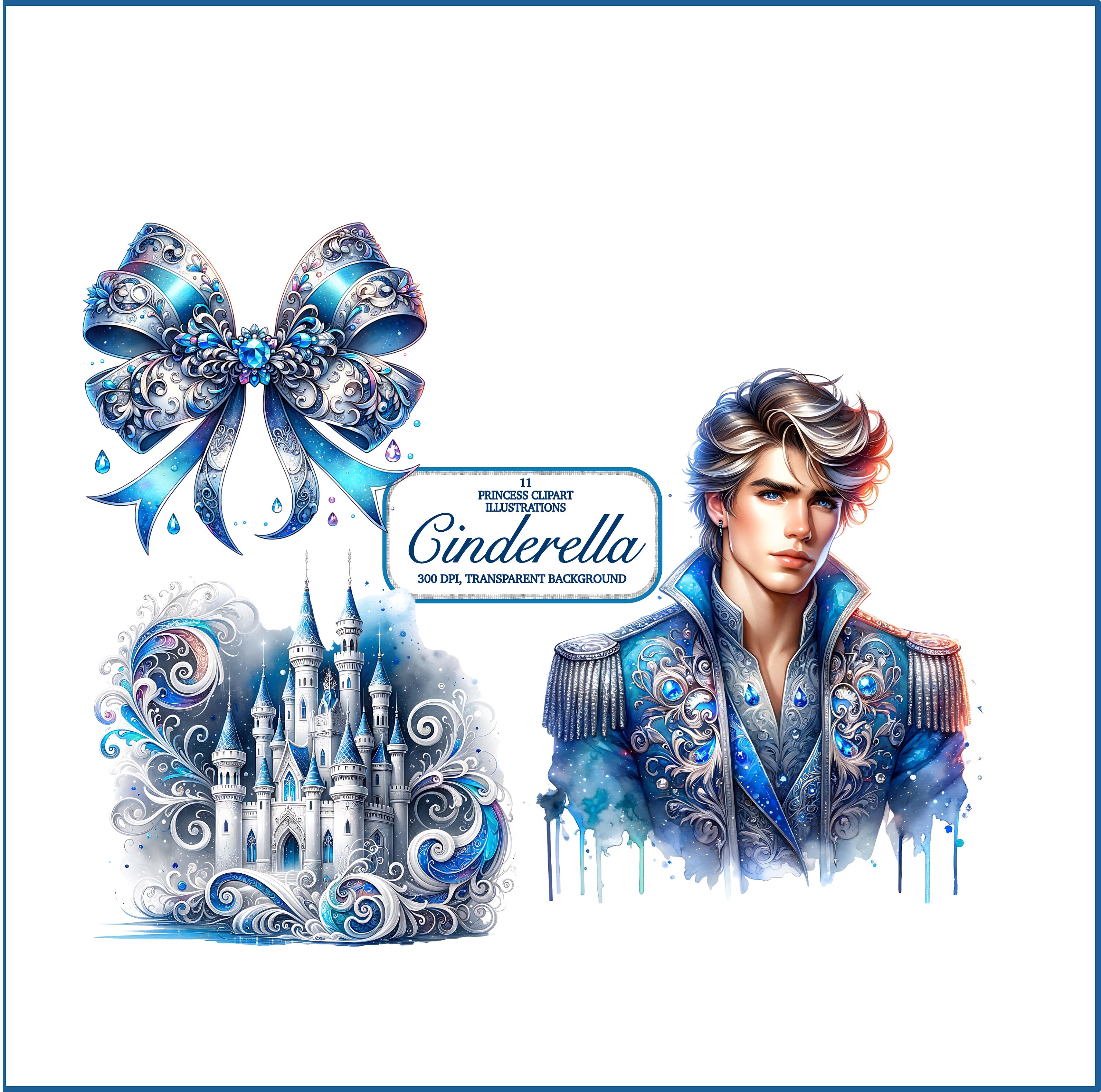 Cinderella Fairytale Clipart Bundle Png Blue Princess Party Printable ...