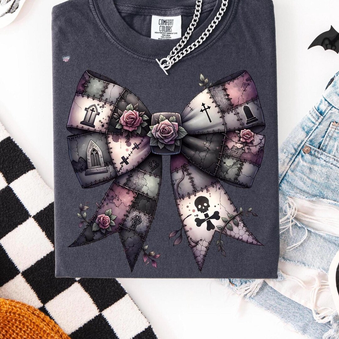 Graveyard Gothic Patchwork Bow PNG, Grunge Coquette Halloween Clipart ...