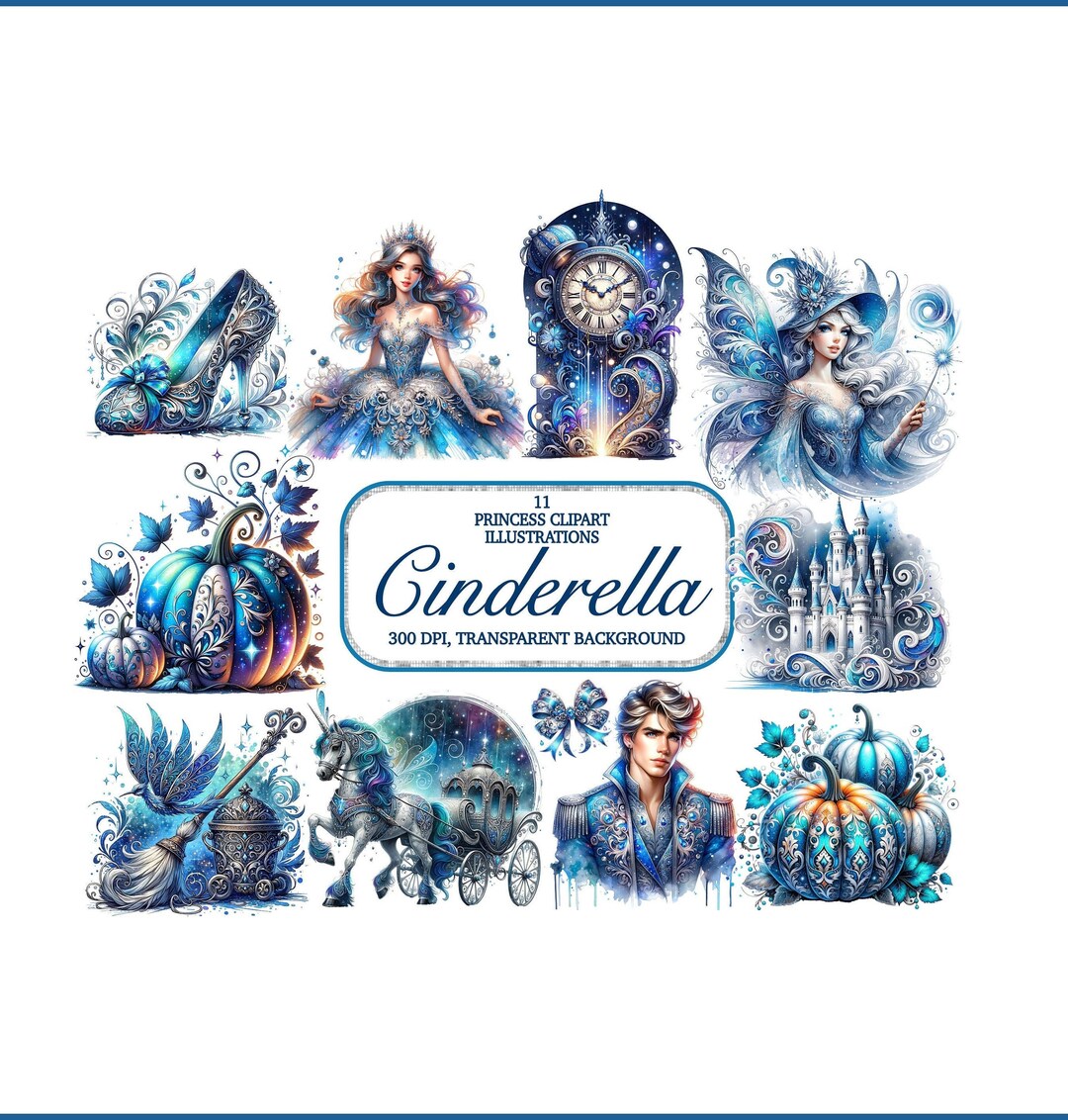 Cinderella Fairytale Clipart Bundle Png Blue Princess Party Printable ...