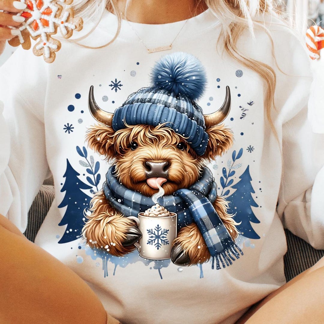Blue Highland Cow Christmas PNG Clipart, Cozy Winter Cocoa Cow, Cute ...