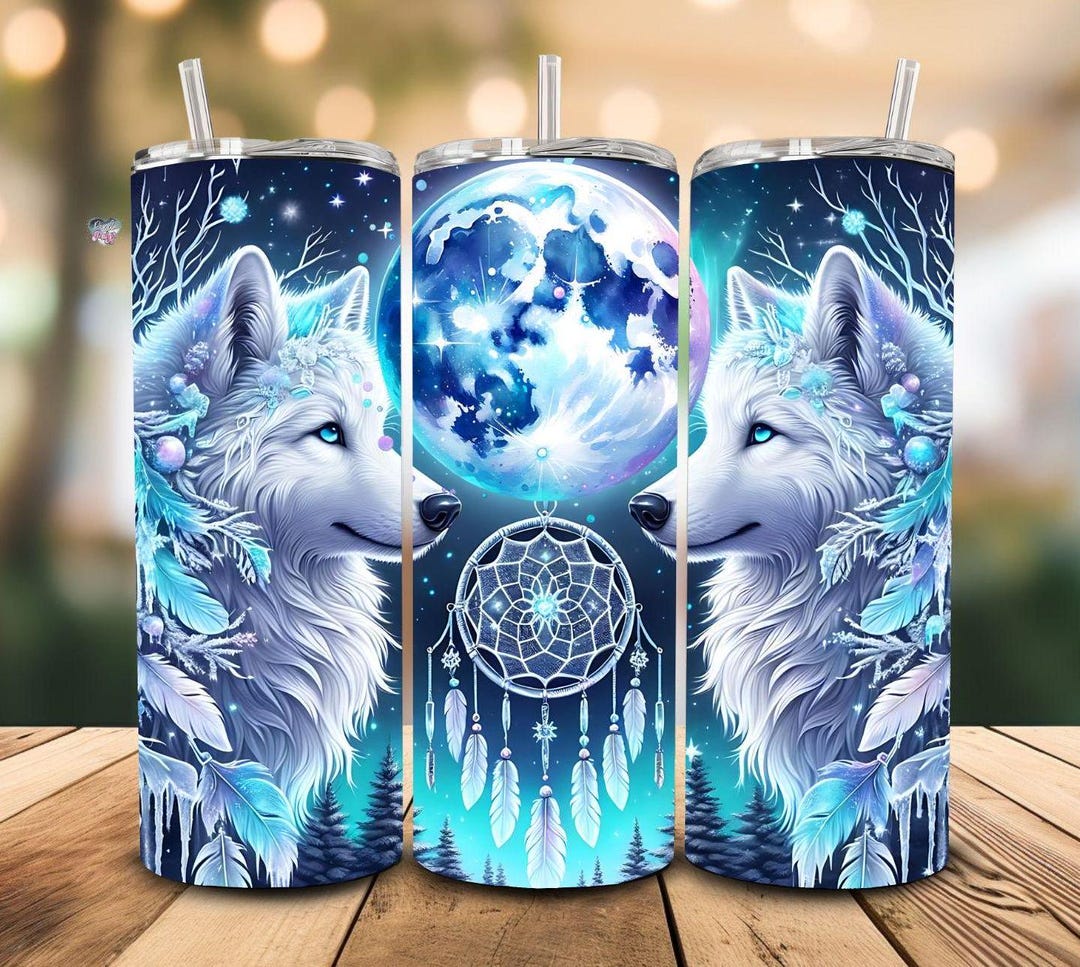 Arctic Frost Wolves Tumbler Wrap PNG With Frozen Dreamcatcher Full Moon ...