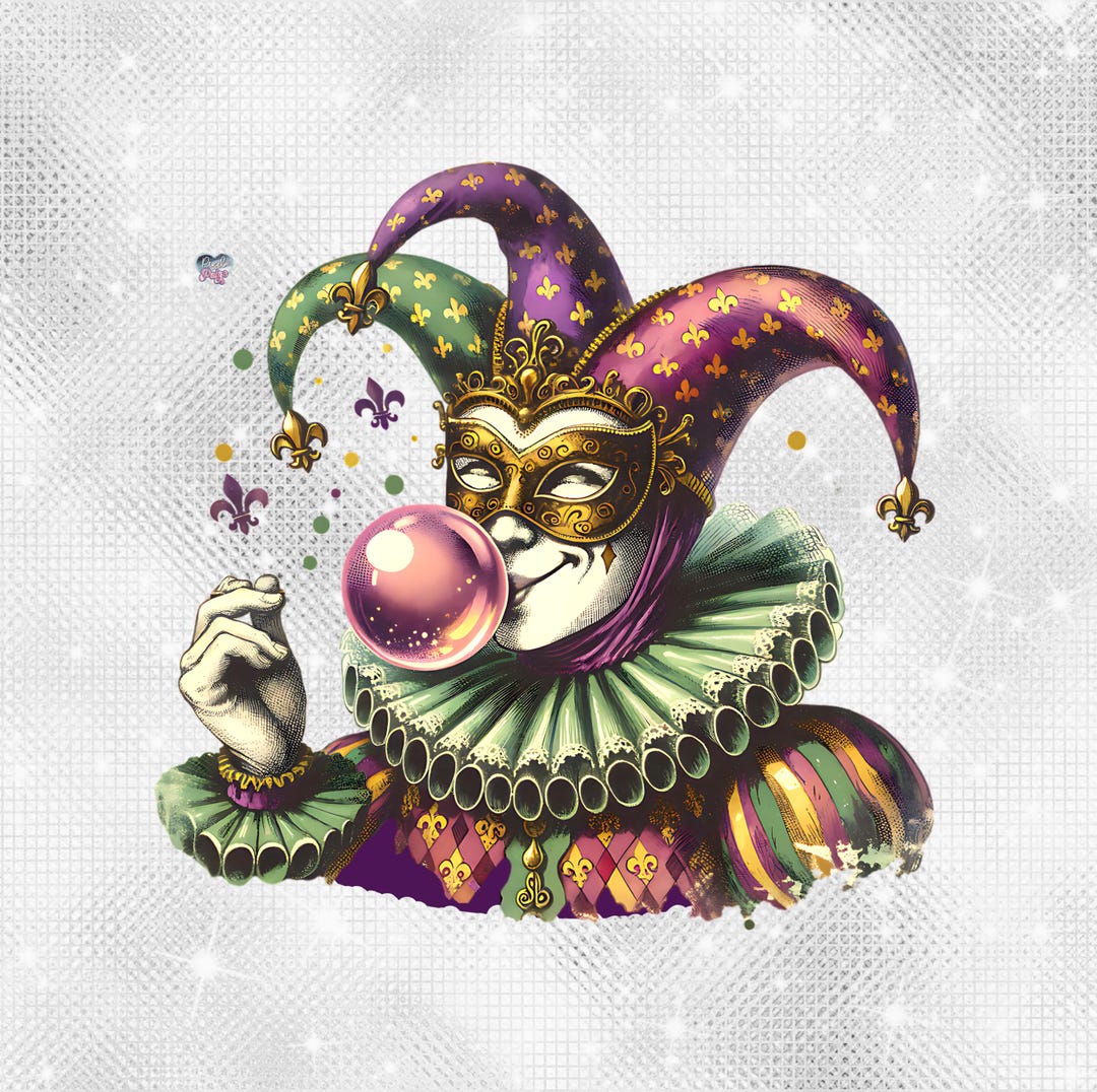 Dark Mardi Gras Jester Blowing Bubble PNG Vintage Evil Harlequin Clown ...