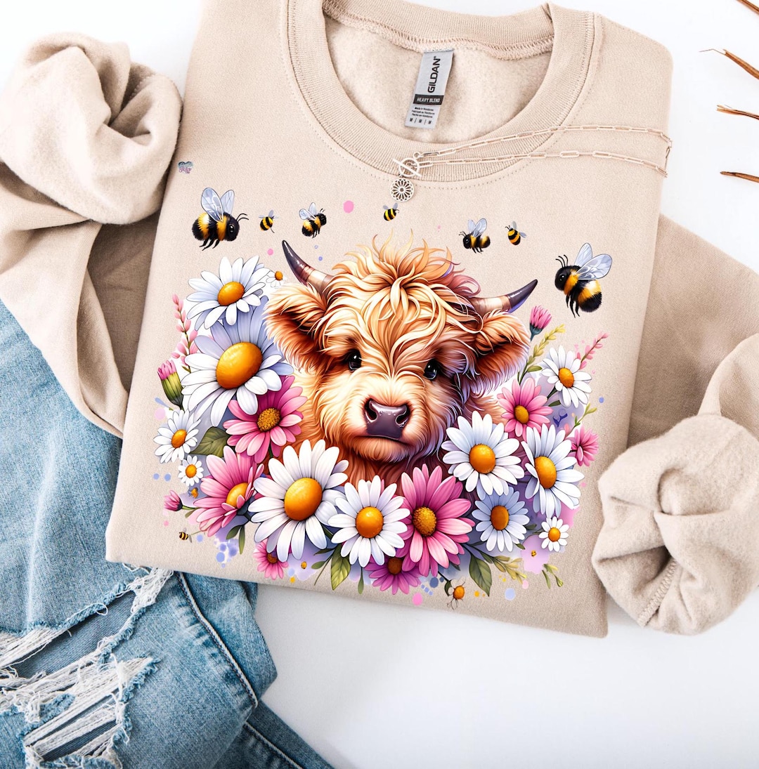 Highland Cow Daisies Bees PNG Spring Summer Baby Fluffy Cow Shirt ...