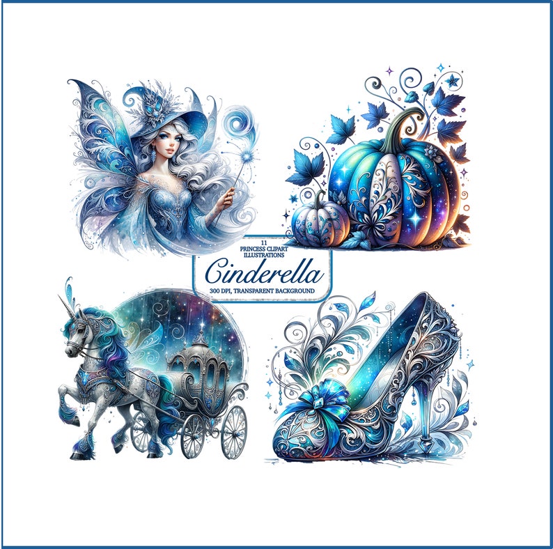 Cinderella Fairytale Clipart Bundle Png Blue Princess Party Printable ...