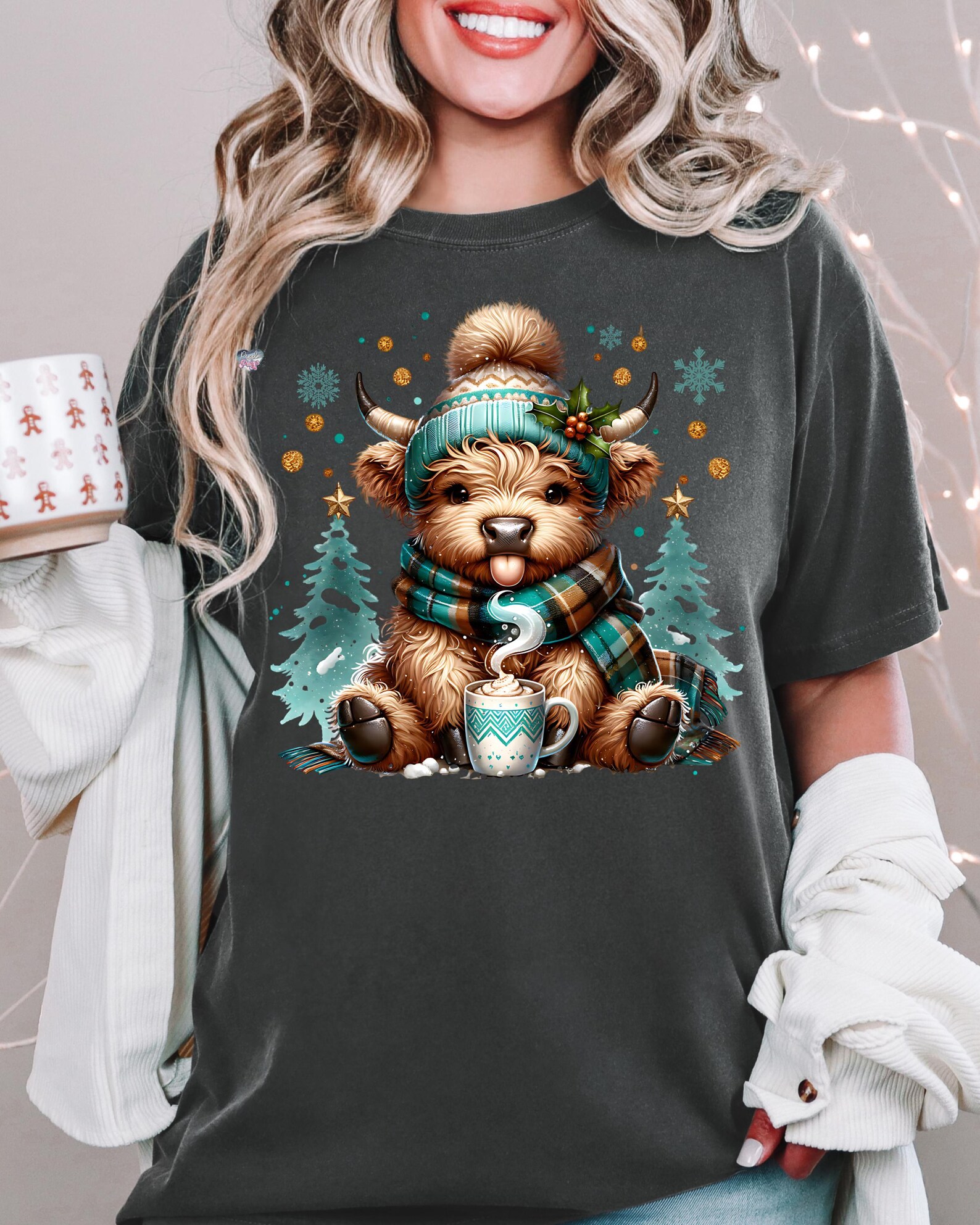 Cute Highland Cow PNG Green Christmas Trees Clipart Hot Cocoa Design ...