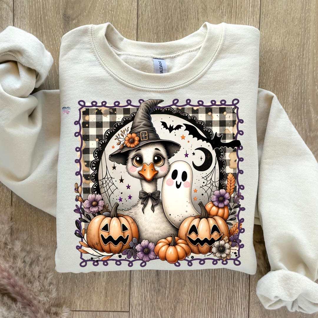 Spooky Goose and Ghost Halloween PNG, Vintage Gingham Sublimation ...