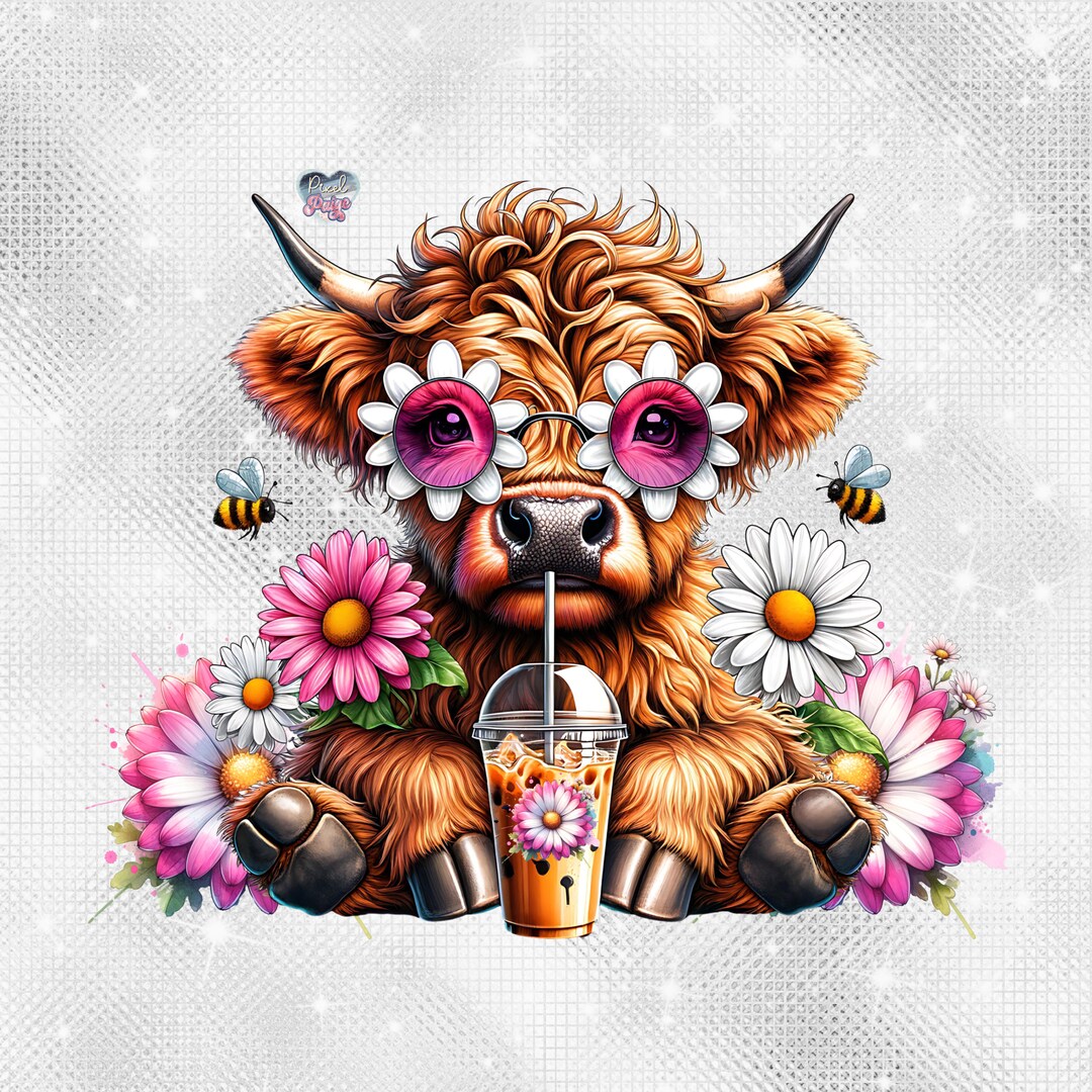 Baby Highland Cow With Sunglasses Daisies and Bees Clipart Coo PNG ...