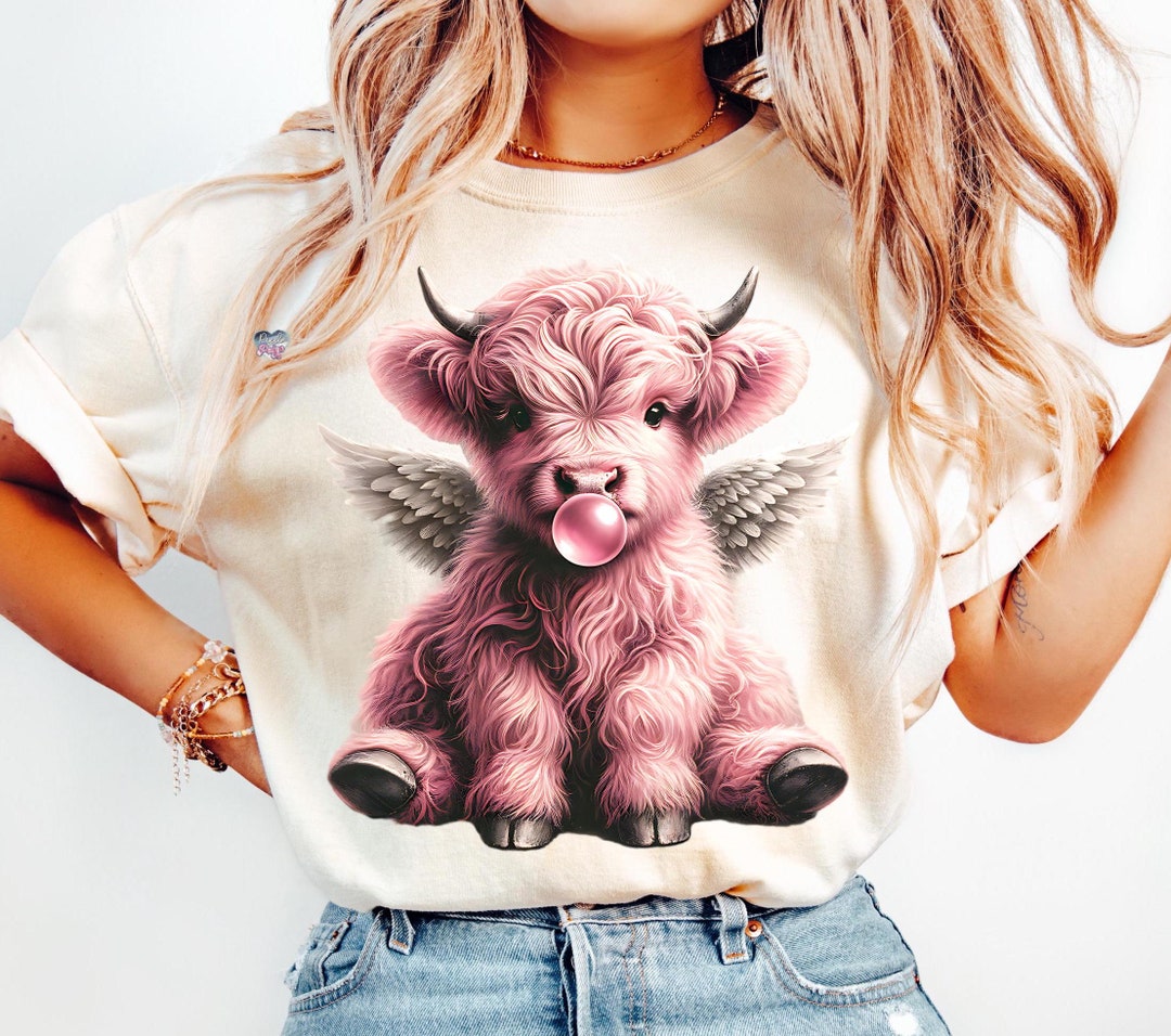 Pink Highland Cow PNG Cupid Angel Wings PNG Bubblegum Peace Sign ...