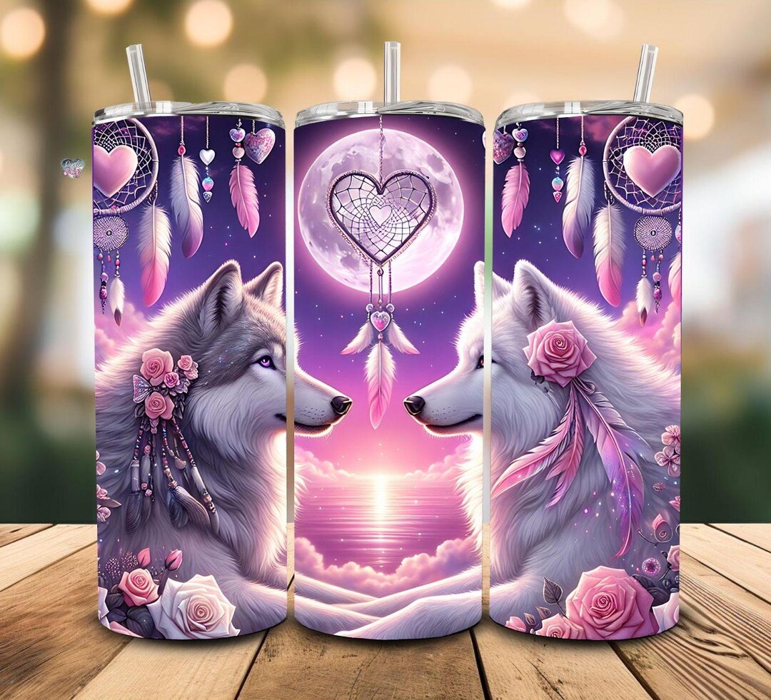 Valentine Wolves 20oz Skinny Tumbler Wrap Romantic Wolf PNG Sublimation ...