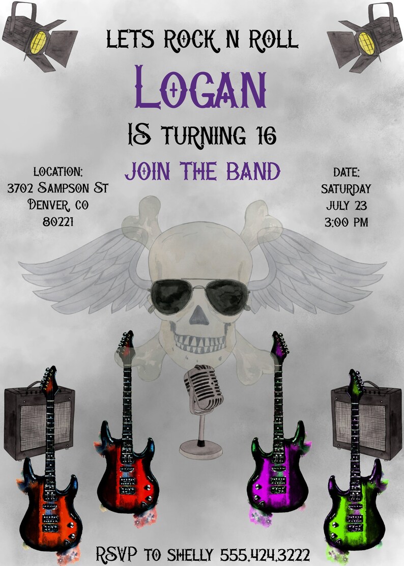 Rockstar Rock and Roll Guitar Themed Birthday Invitation Editable ...