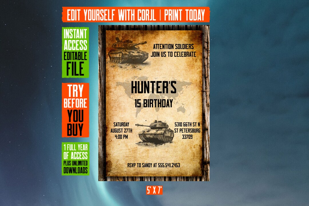 Tank Birthday Party Invitation: Editable World War Theme (digital ...