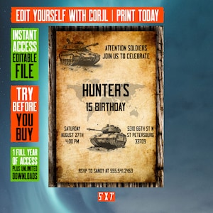 Tank Birthday Party Invitation: Editable World War Theme (digital ...