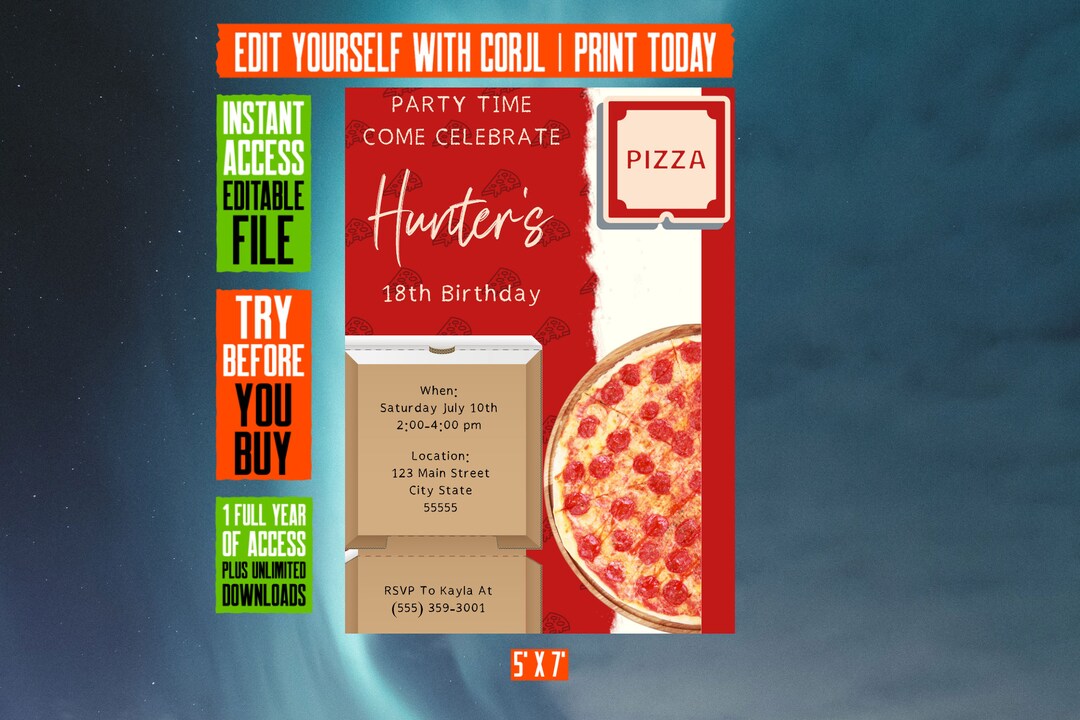 Editable Party Time Pizza Party Birthday Celebration Invitation, DIY ...