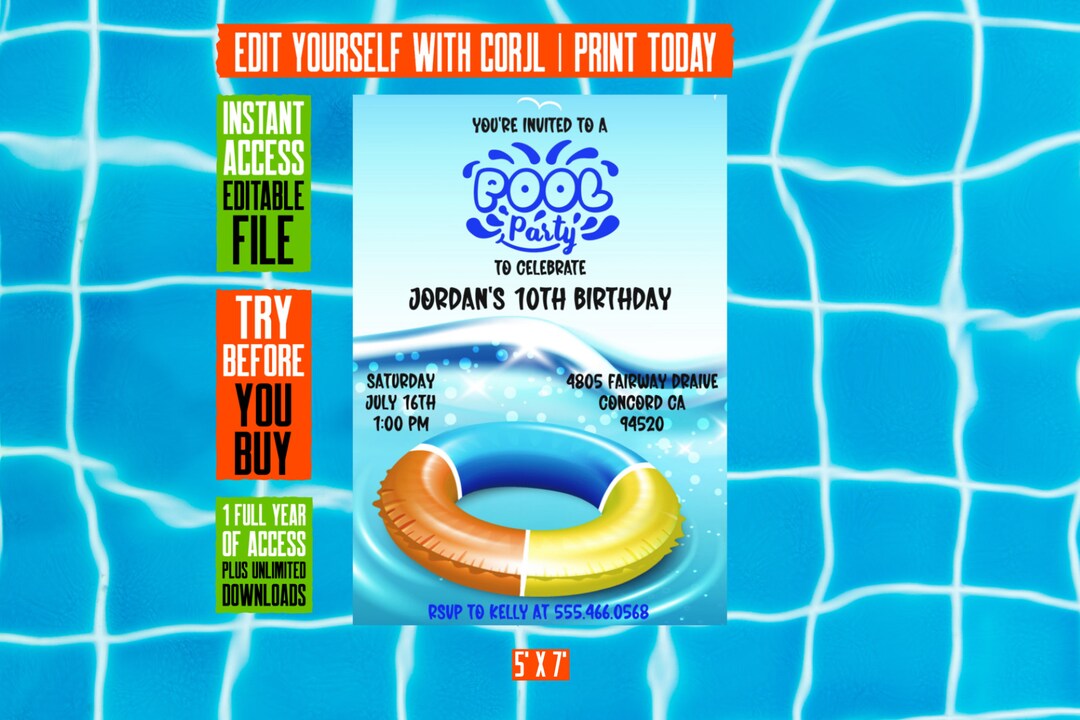 EDITABLE Pool Party Birthday Invitation, Pool Party Invitation, Pool ...