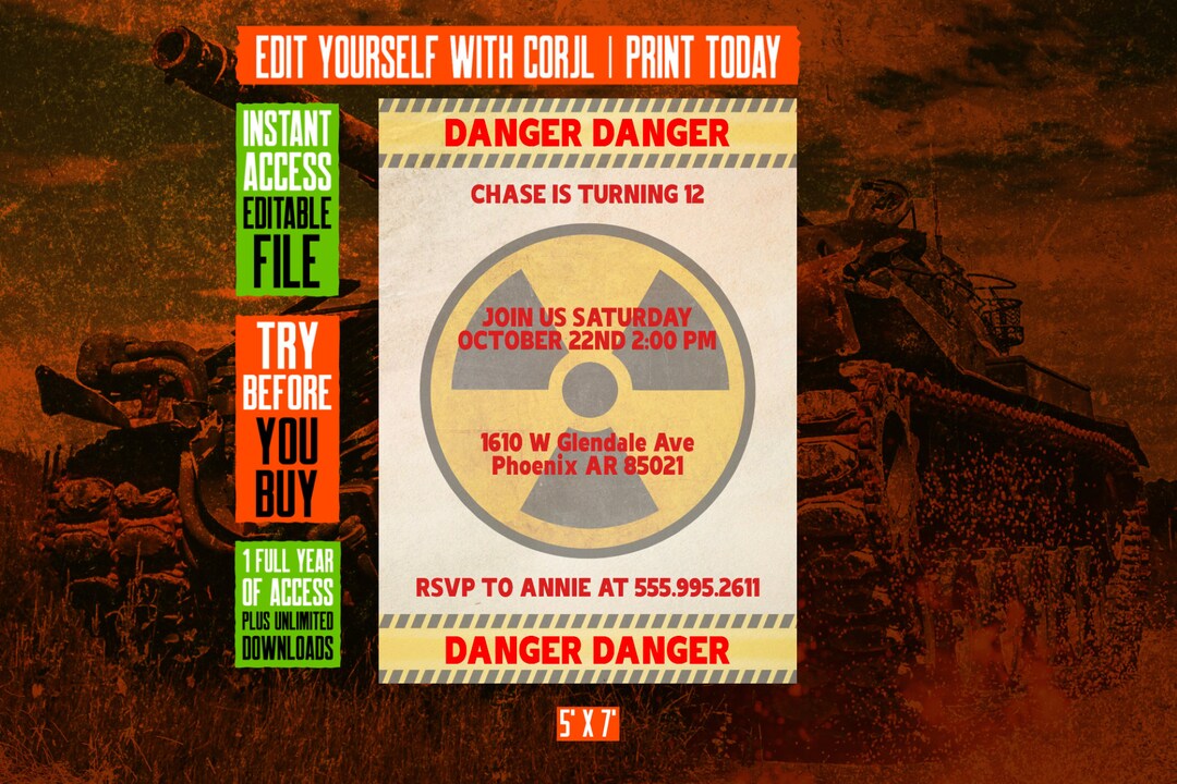 Editable Nuclear Warning Danger Danger Birthday Party Invitations With ...