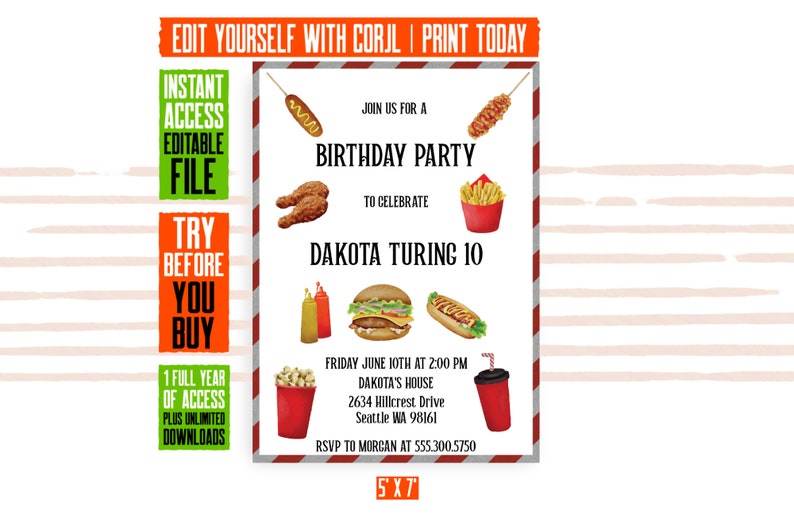 Burgers and Fries Themed Birthday Invitation | Editable Printable ...