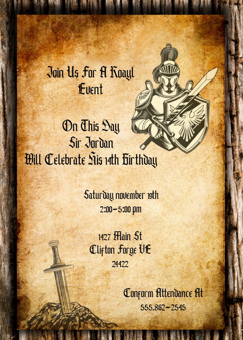 Editable Royal Knight Birthday Party Invitations With Thank You Card ...