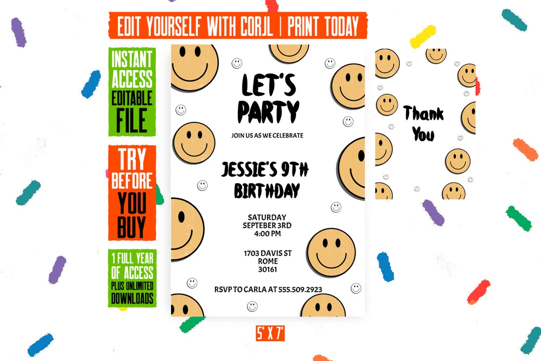 Editable Let's Party Smiley Face Birthday Invitations - Etsy