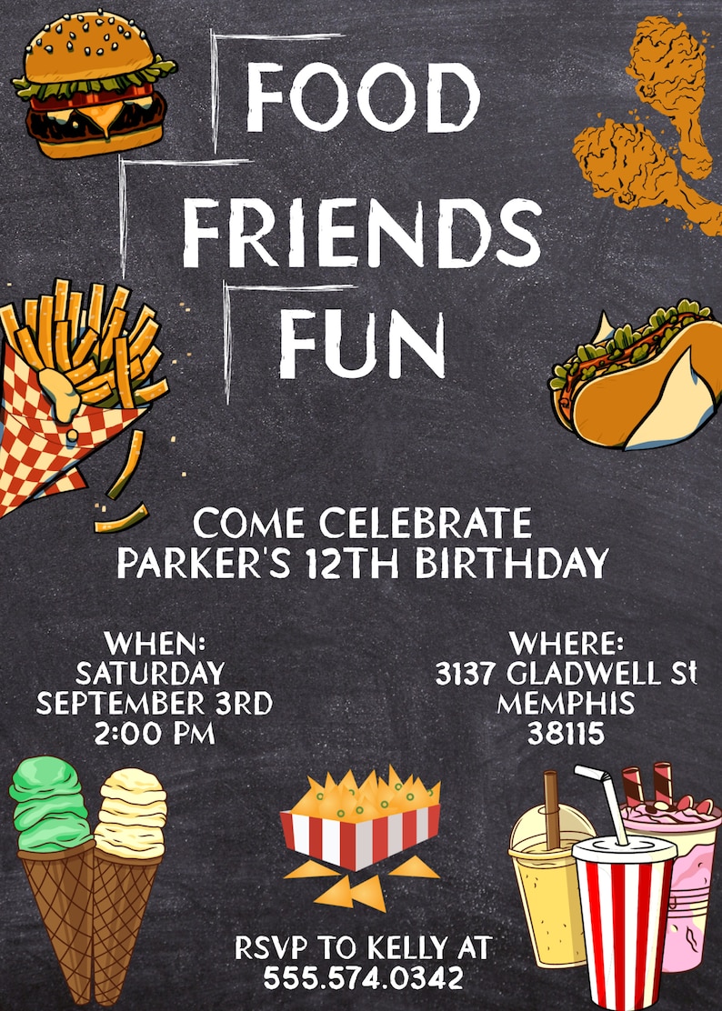 Editable | Food Friends Fun Birthday Invitations With Thank You Card ...