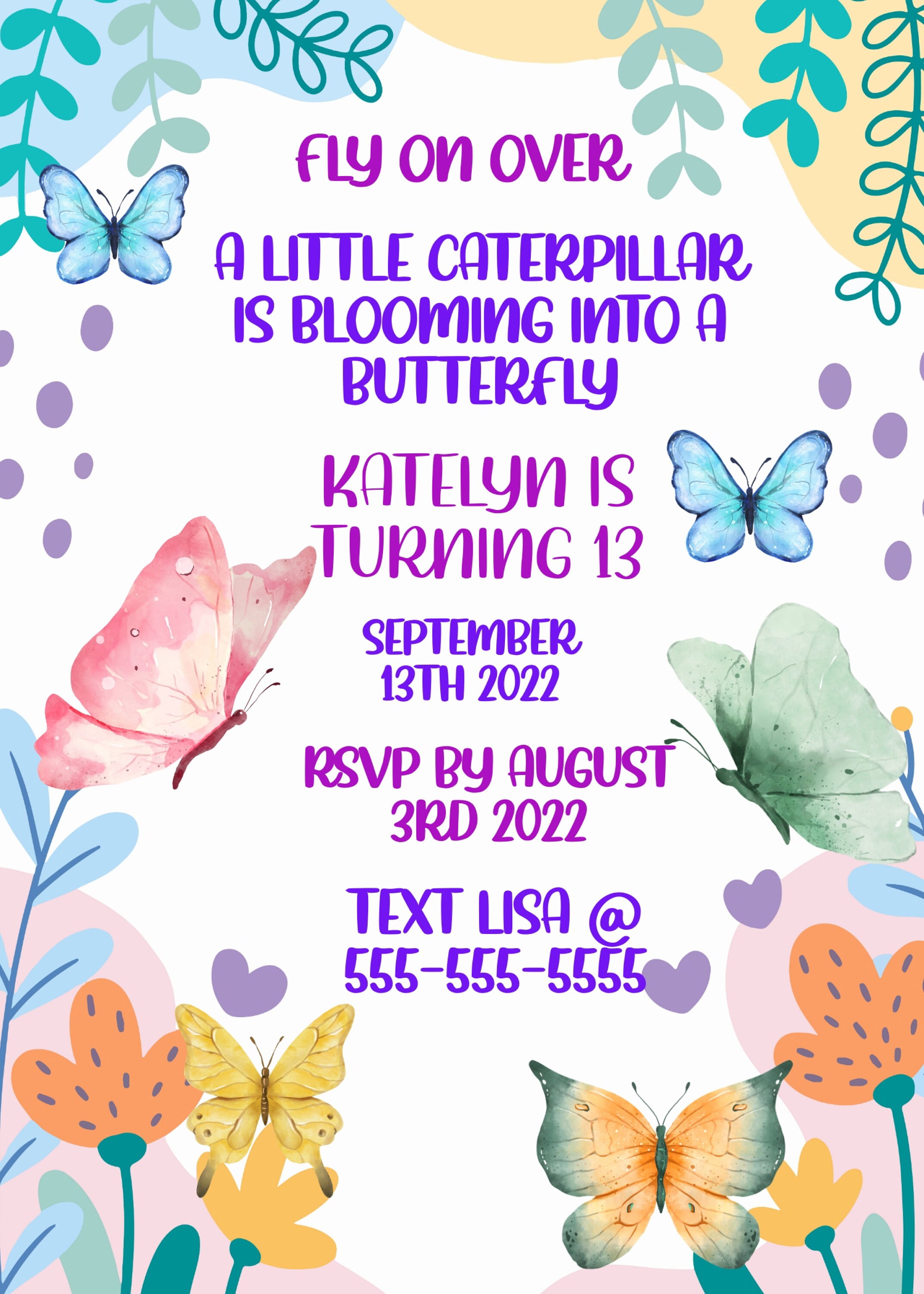 Invitación de cumpleaños temática de Fly On Over Butterfly / Invitación ...