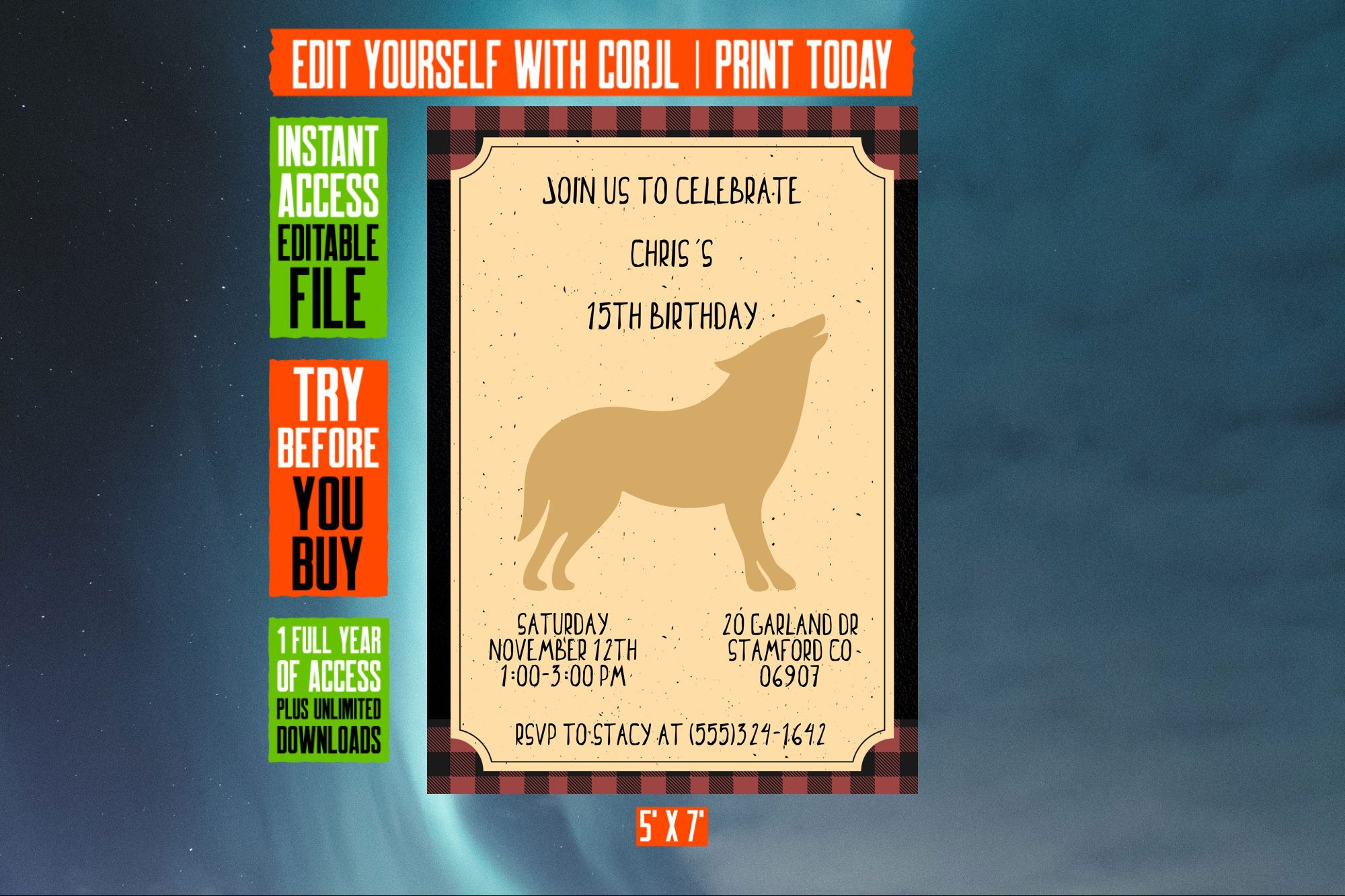 Editable Howling Wolf Birthday Party Invitations With Thank - Etsy