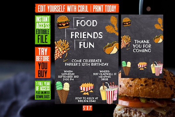 Editable Food Friends Fun Birthday Invitations With Thank - Etsy