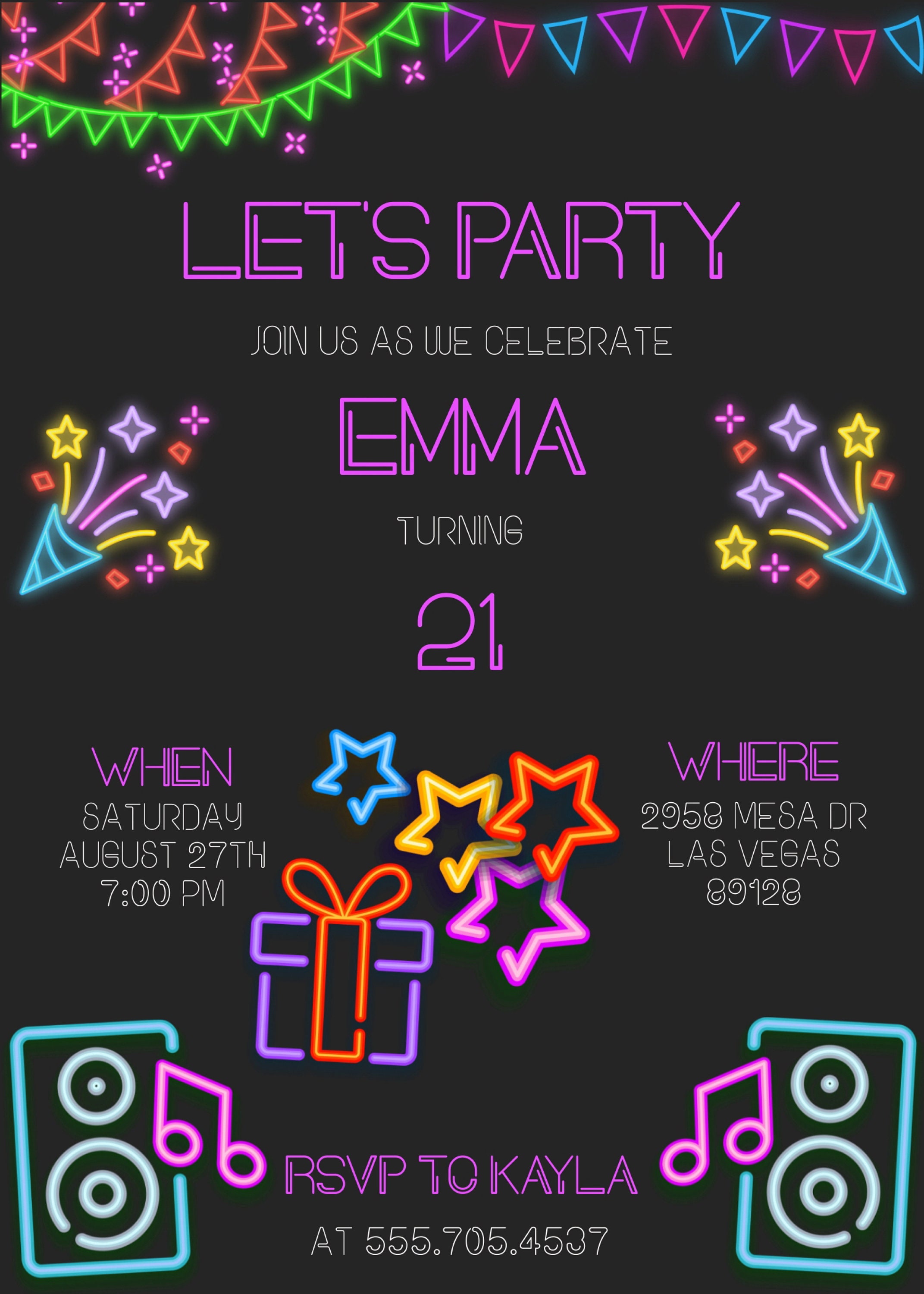 EDITABLE Neon Birthday Invitation Neon Party Invite Neon - Etsy