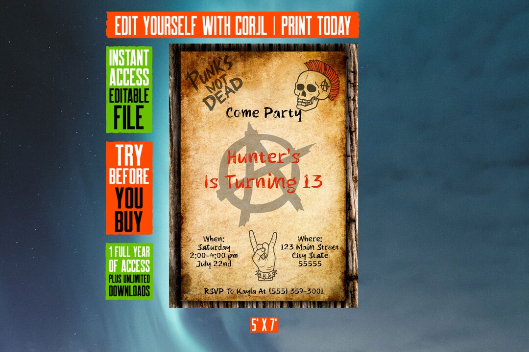 EDITABLE Punk Rock Themed Birthday and Event Invitation - Etsy