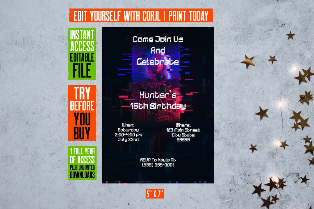 EDITABLE Neon Cyberpunk Styled Birthday and Event Invitation, DIY ...