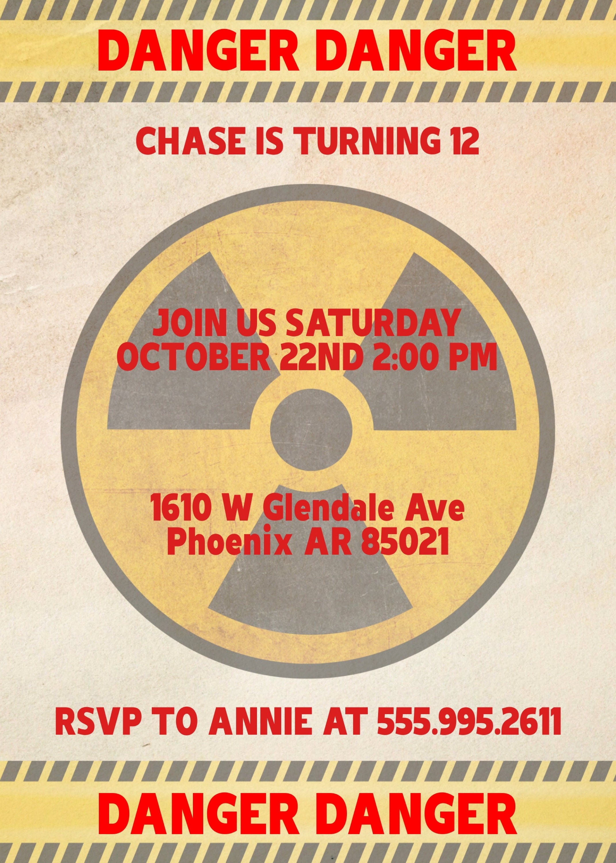Editable Nuclear Warning Danger Danger Birthday Party Invitations With ...