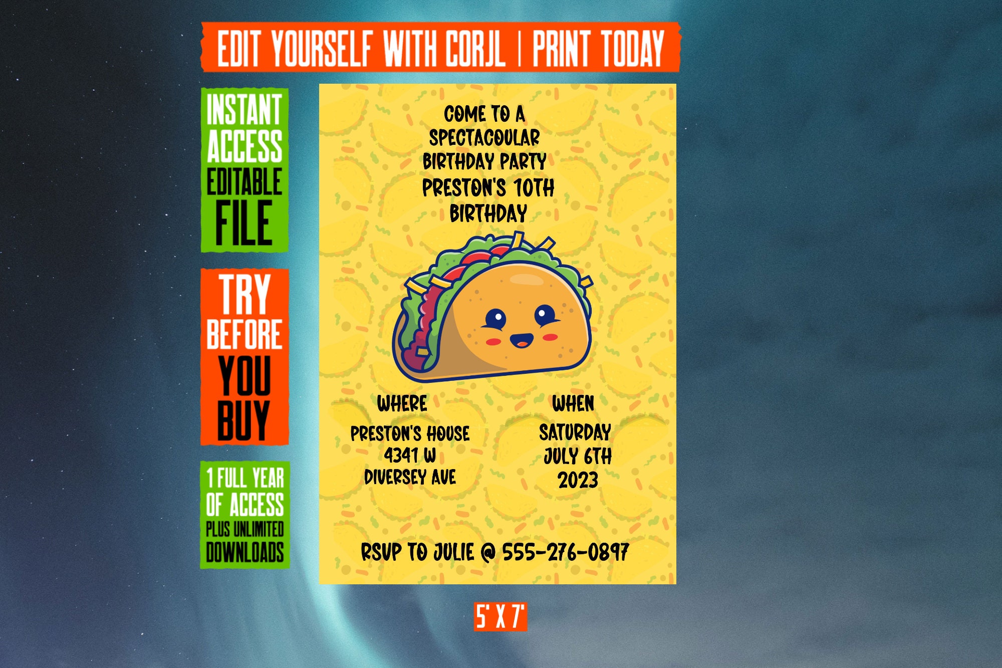 Editable | Come to a Spectacular Taco Themed Birthday Party Invitations ...