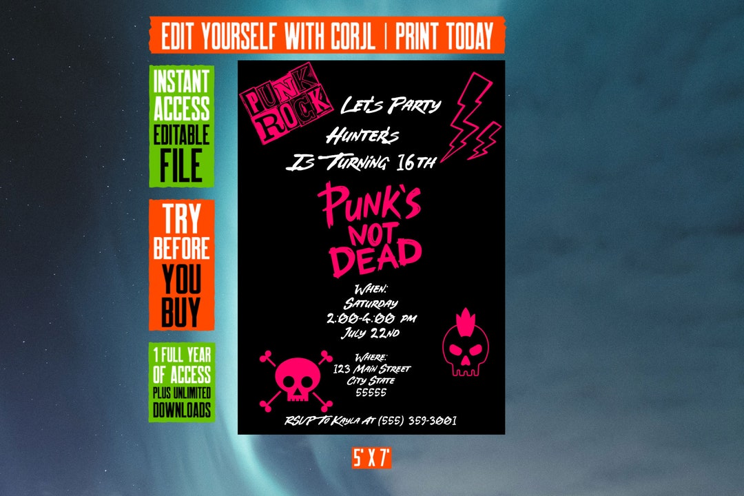 EDITABLE | Punk's Not Dead Themed Birthday and Event Invitation, DIY ...