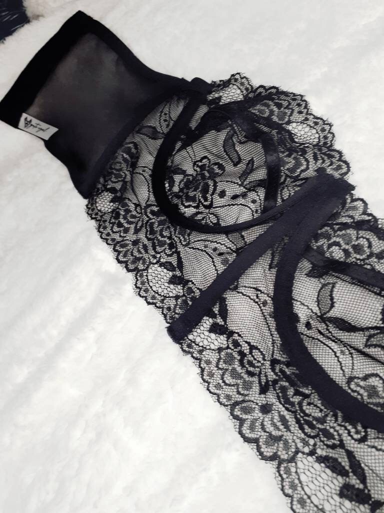 Front Lace Bra Corset / Black Sheer Lace With Bralette Mesh / Made in ...