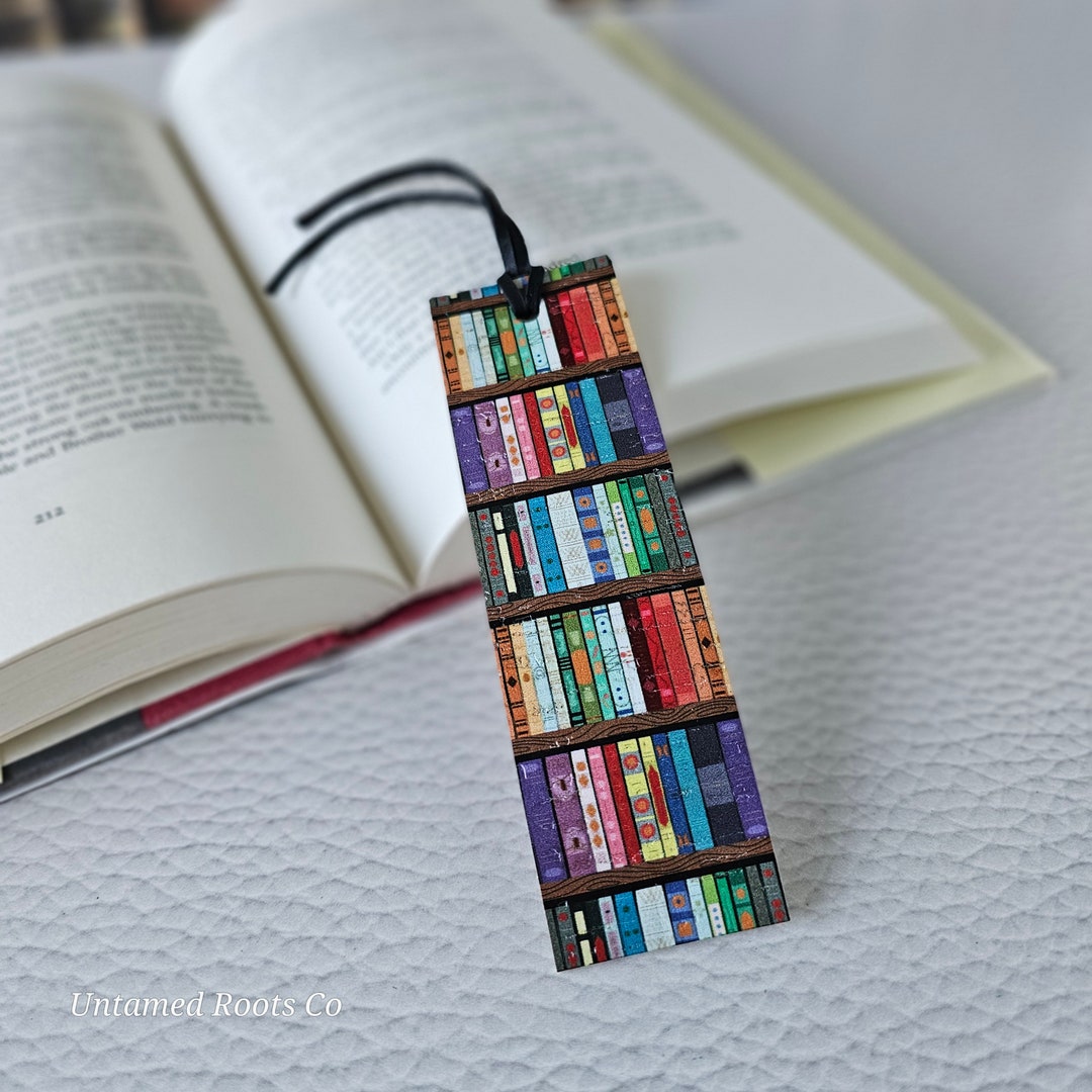 Library Bookshelf Leather Bookmark, Hand Cut Printed Cork on Genuine ...