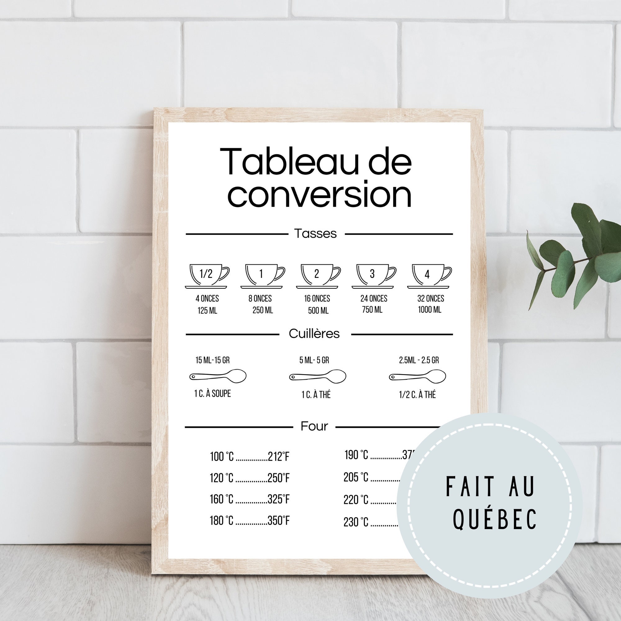Charte de conversion des mesures en cuisine, Affiche déco avec l ...