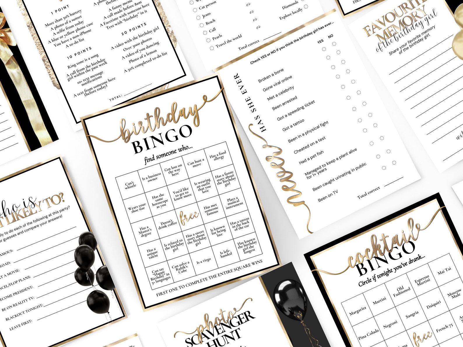 Luxury White Black Gold Birthday Games for Adult Birthday Party Games ...