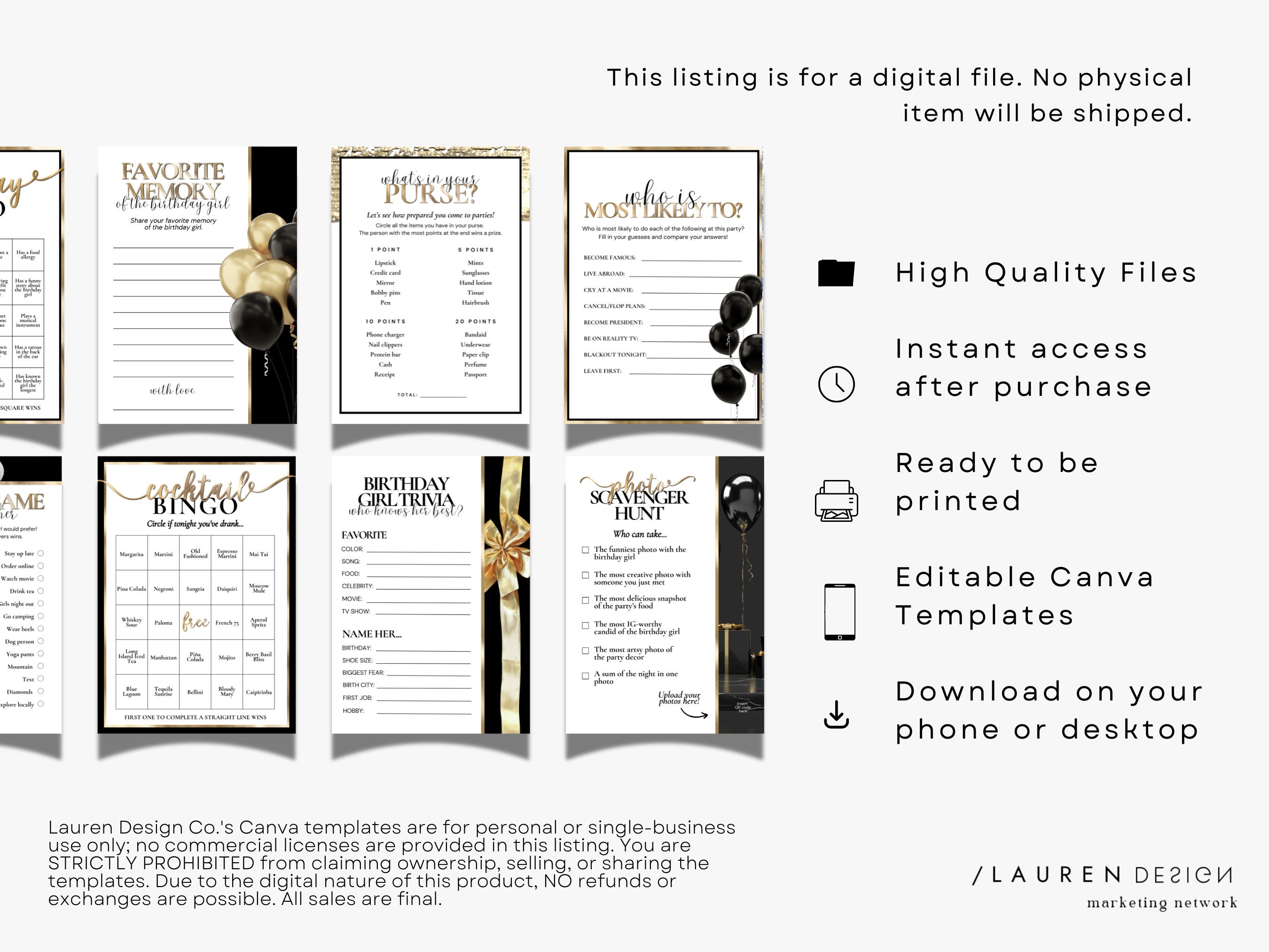 Luxury White Black Gold Birthday Games for Adult Birthday Party Games ...